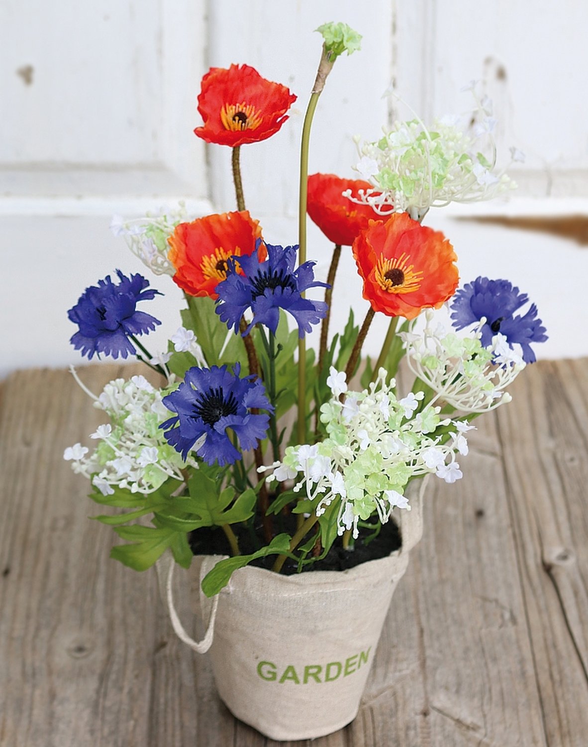 Künstliches Wiesenblumen Arrangement in Jutetäschchen, 35 cm, bunt